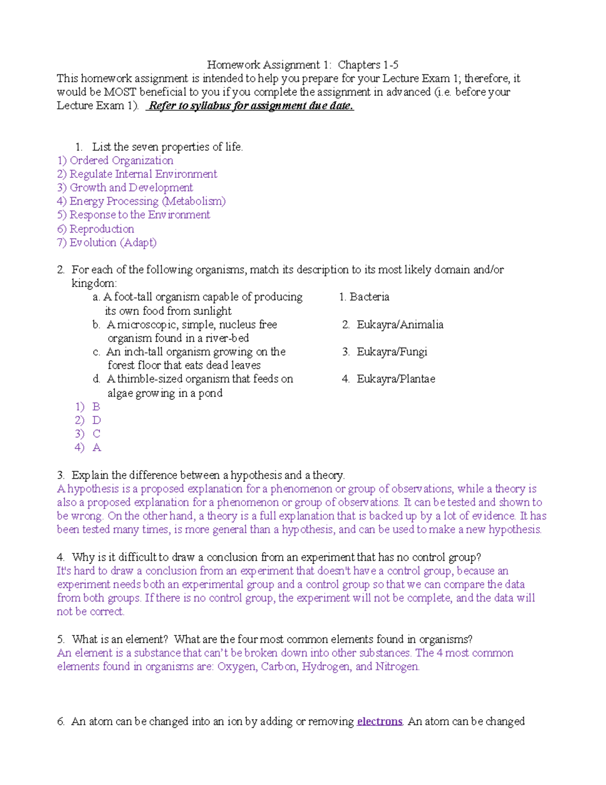 Bio Homework - Chapters 1-5 - Homework Assignment 1: Chapters 1- This ...