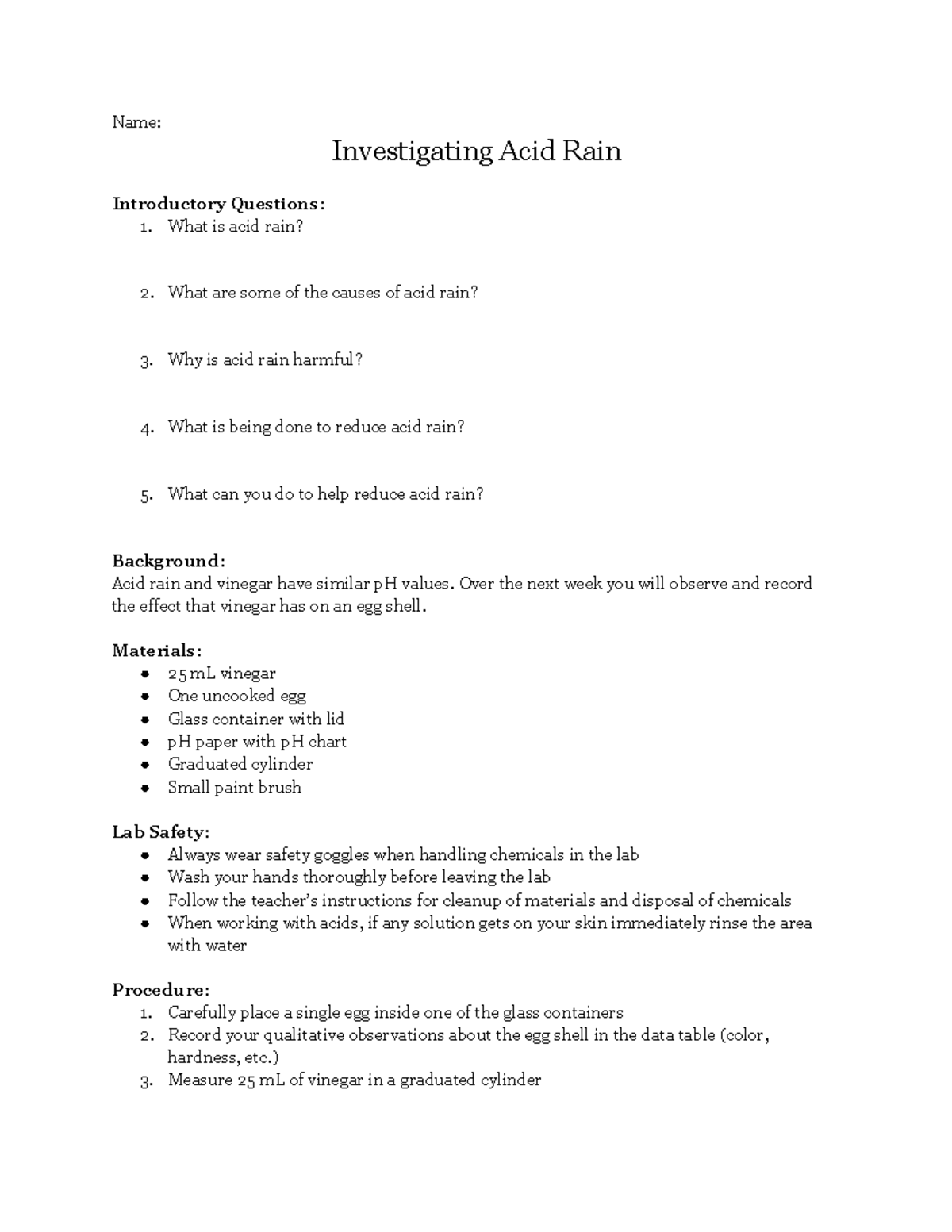 Acid Rain Investigation lab expriement thingy - Name: Investigating ...