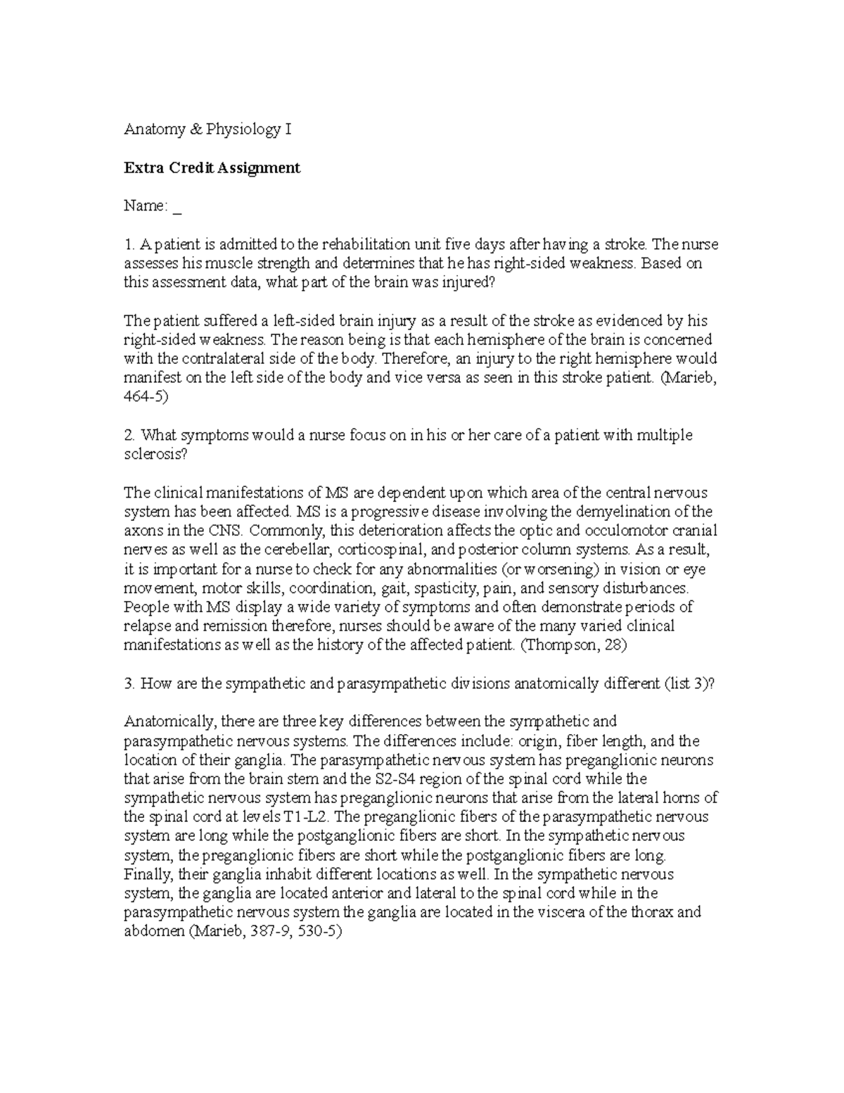 Extra credit - Assignment on nervous system function - Anatomy ...