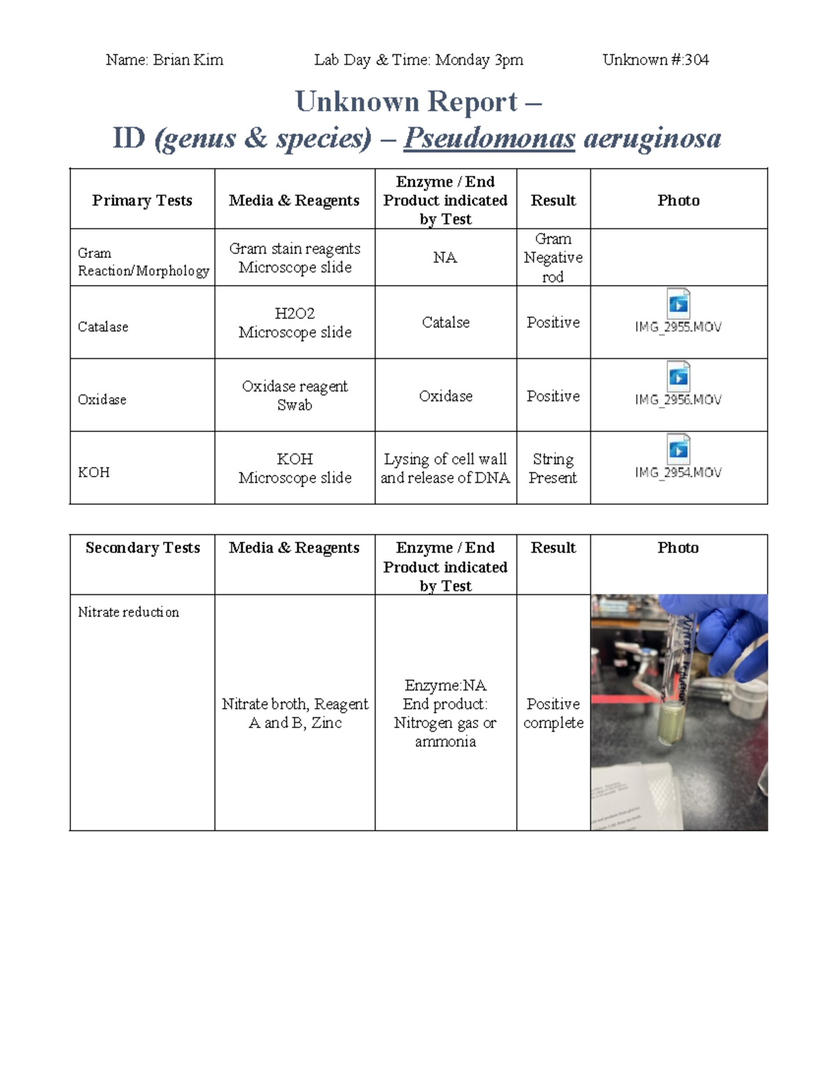 Unkown report - Name: Brian Kim Lab Day & Time: Monday 3pm Unknown #: Unknown Report – ID (genus ...