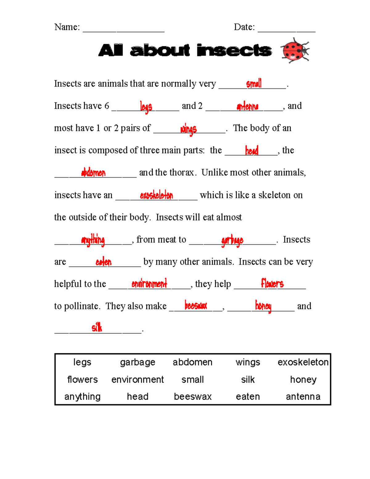 Matter Hunt - 2 science animals insects answers - Name ...