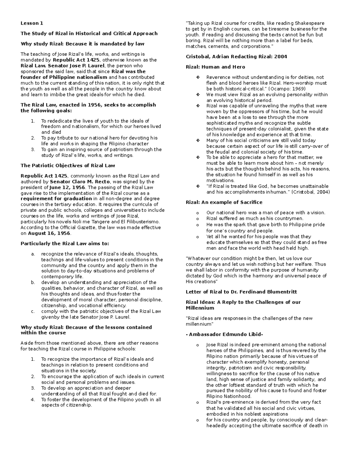 Life and Works of Rizal Midterm - Lesson 1 The Study of Rizal in ...
