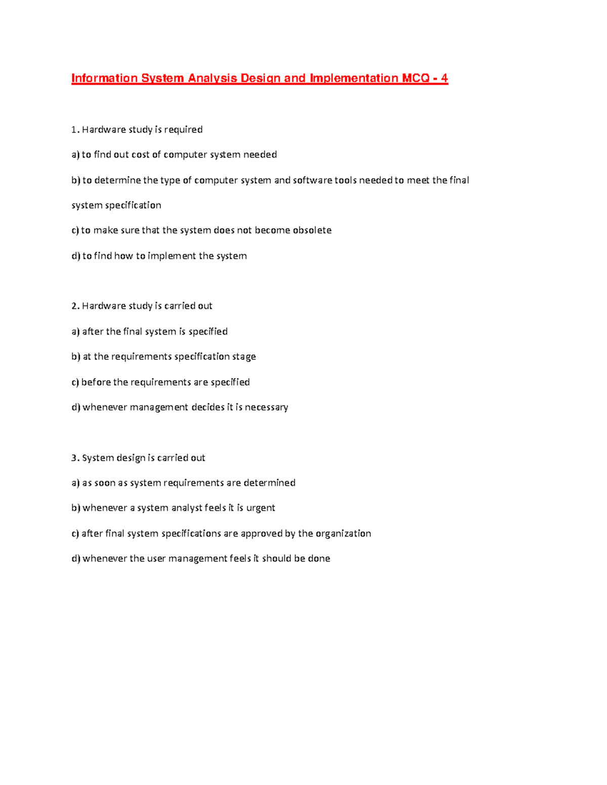 Isadi MCQ 4 - eemdm - Information System Analysis Design and Implementation MCQ - 4 Hardware ...