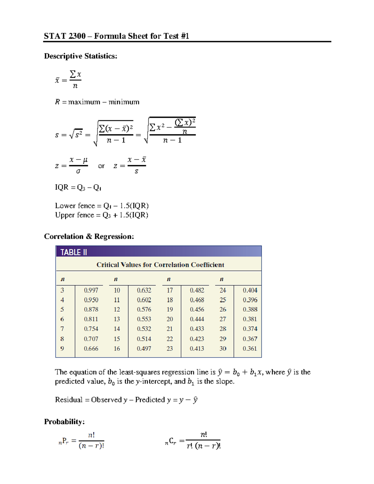 STAT 2300 - Formula Sheet for Test 1- F24 - STAT 2300 – Formula Sheet ...