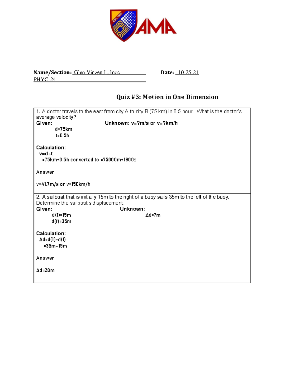 Quiz #3 Motion in One Dimension - Name/Section: Glen Vinzen L. Inoc ...