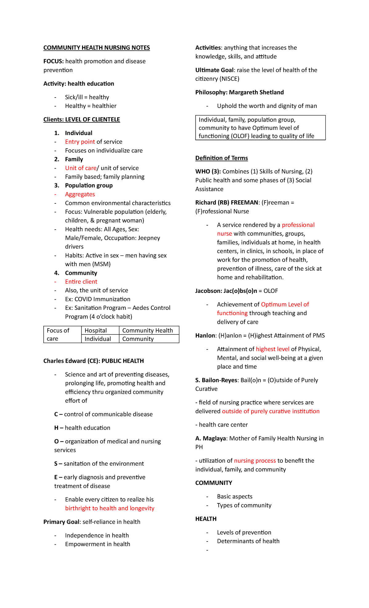Community Health Nursing Notes - COMMUNITY HEALTH NURSING NOTES FOCUS ...