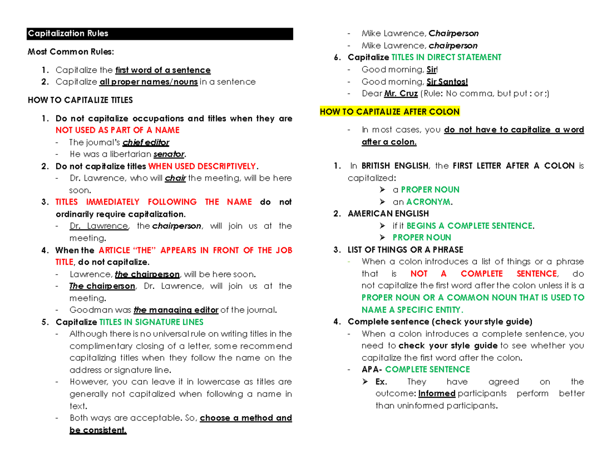 Prelimsenglish - ENGLISH - Capitalization Rules Most Common Rules: 1 ...