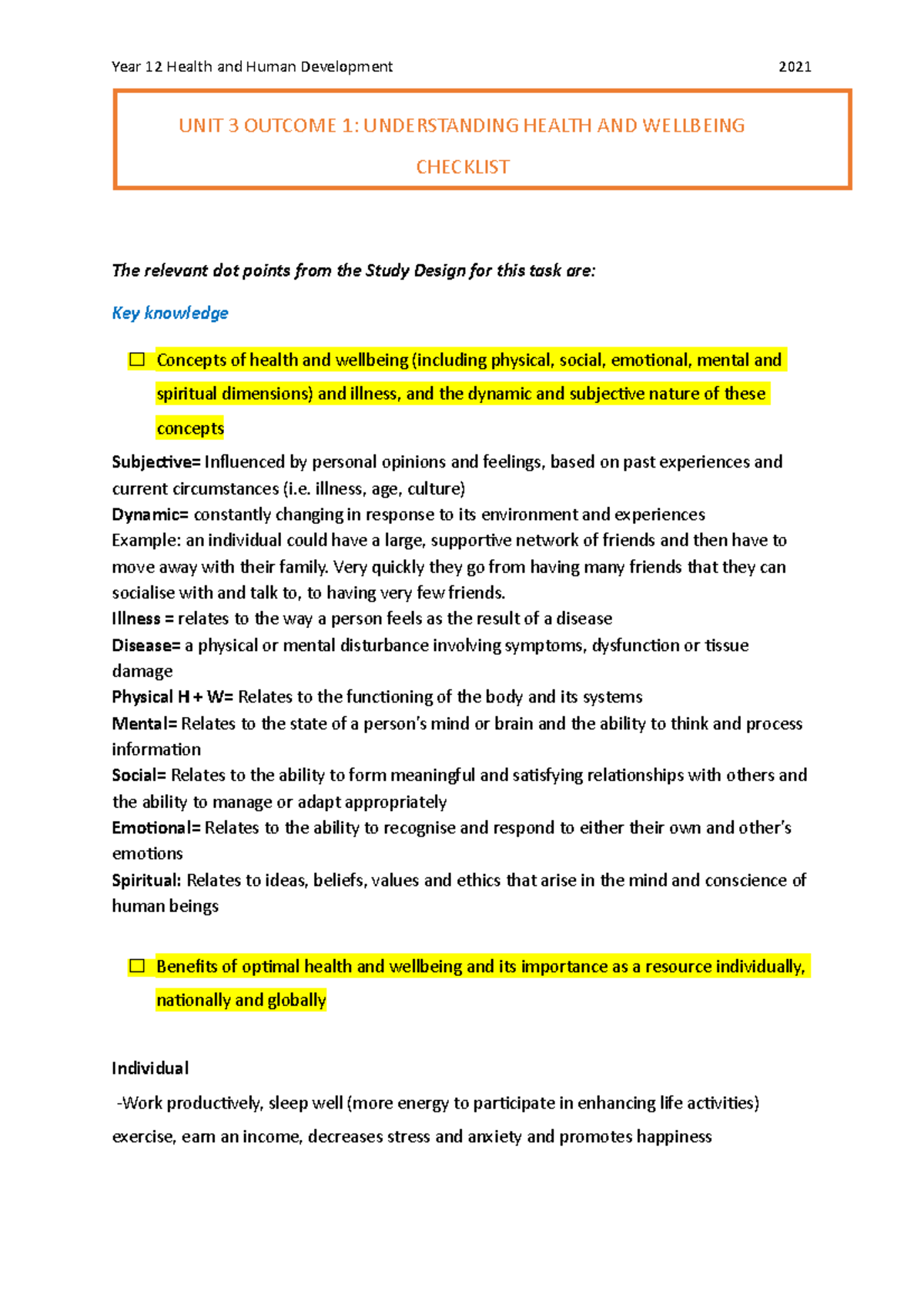 2021 U3O1 SAC revision checklist - UNIT 3 OUTCOME 1: UNDERSTANDING ...