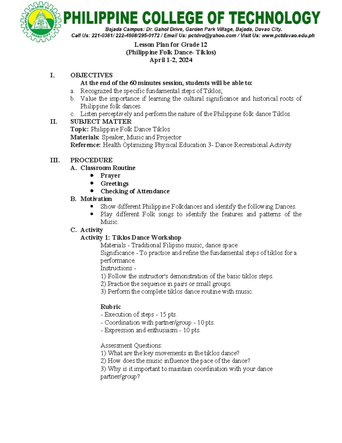 Lesson Plan for Grade 12 - OBJECTIVES At the end of the 60 minutes ...