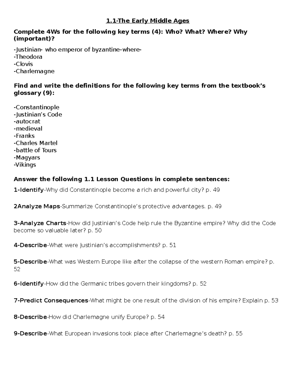 1.1-Early Middle Ages-Key Terms Qs - 1-The Early Middle Ages Complete ...