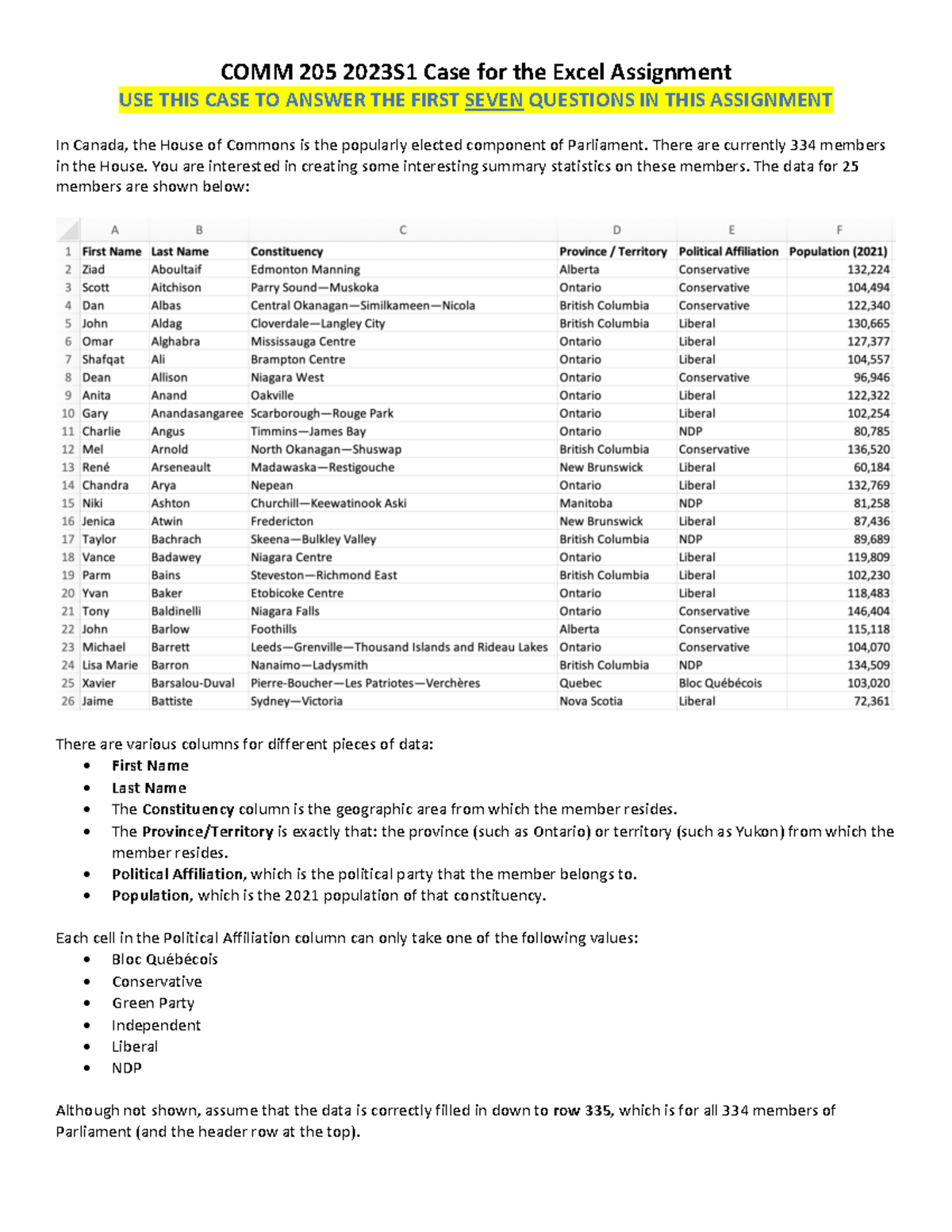 COMM 205 2023S1 Case for Assignment 1 - COMM 205 2023S1 Case for the Excel Assignment USE THIS ...