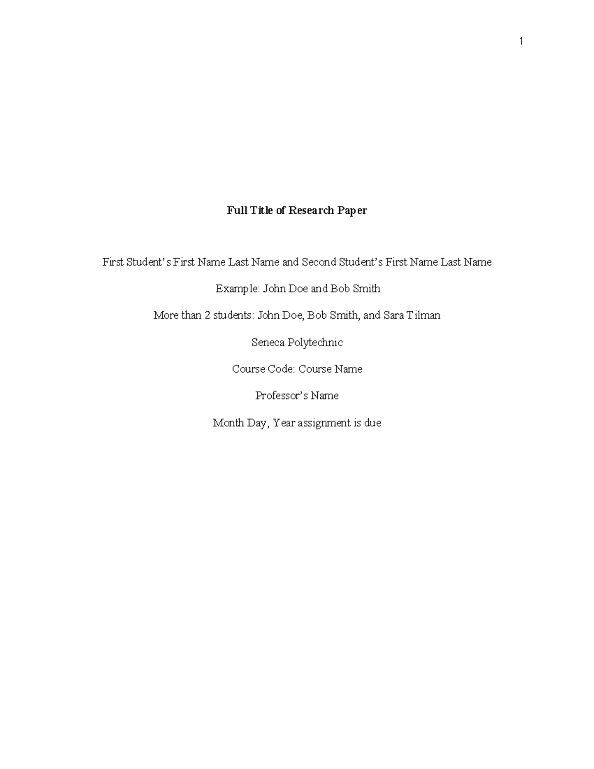 APA group assignment structure - 1 Full Title of Research Paper First Student’s First Name Last ...