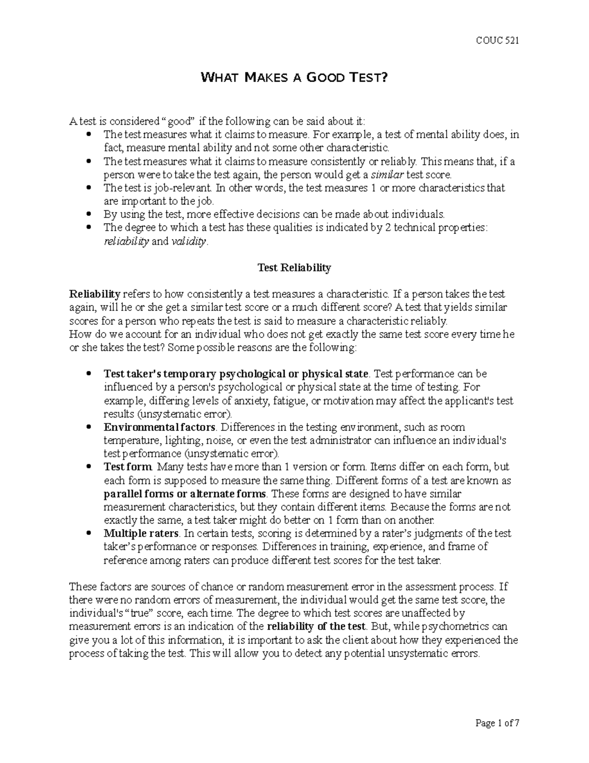 What Makes A Good Test - Information about reliability and validity ...