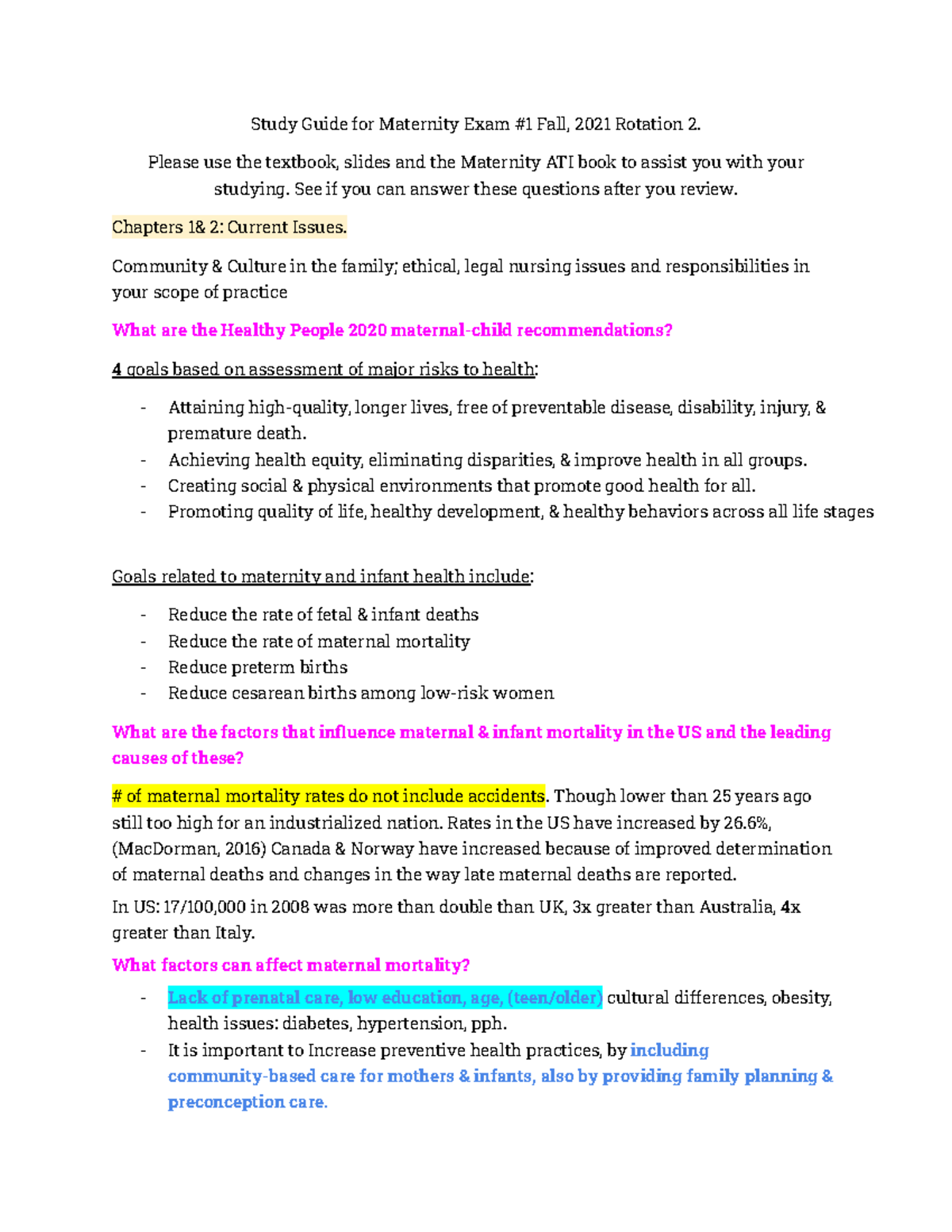 Study Guide for Maternity Exam #1 Fall, 2021 Rotation 2-3 - Please use ...