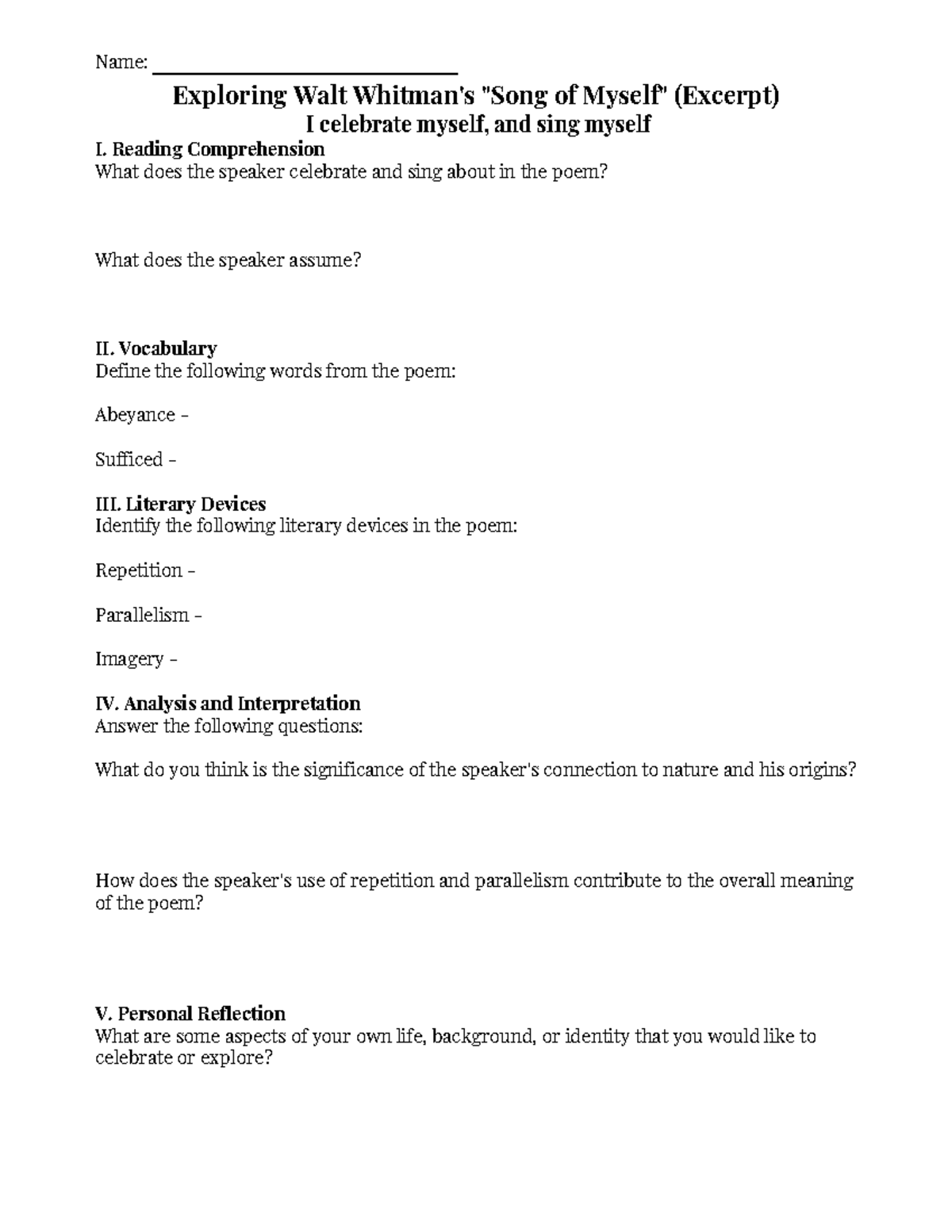 Songs of Myself Analysis-2 - I. Reading Comprehension What does the ...