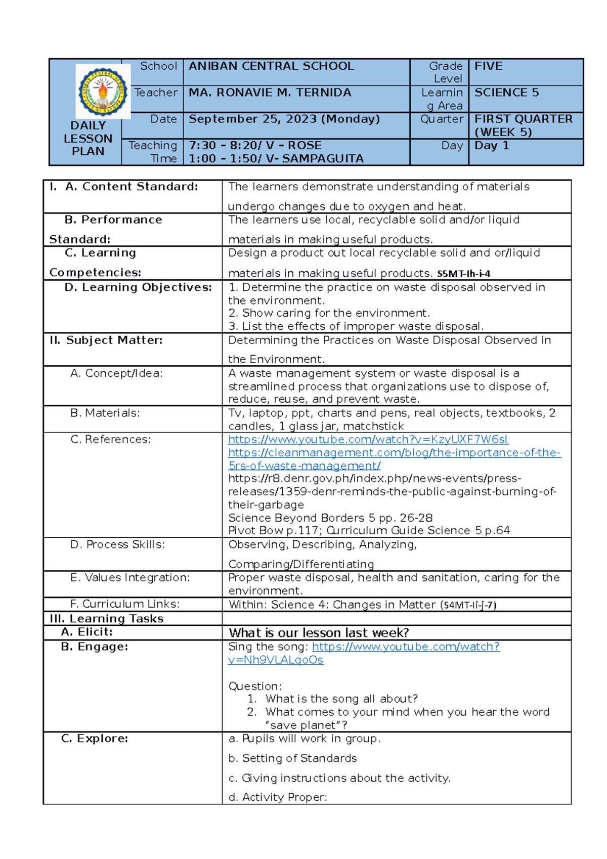 Q1 W4 Science-5 Day1 - science - DAILY LESSON PLAN School ANIBAN ...