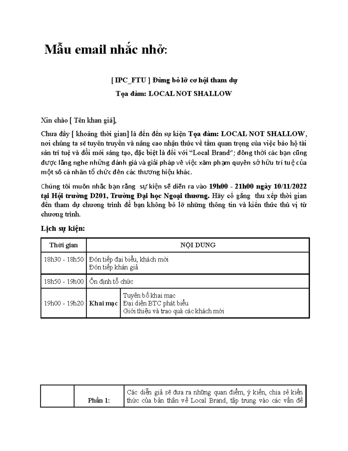 Mẫu email nhắc nhở người tham dự - Mẫu email nhắc nhở: [ IPC_FTU ] Đừng ...