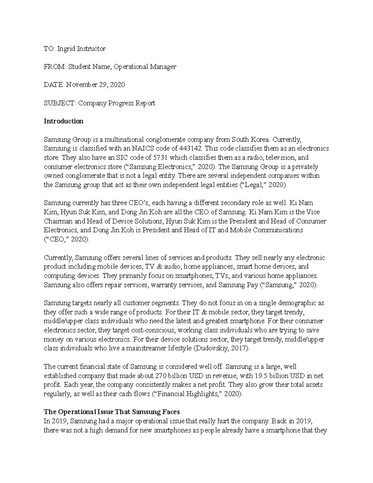 Course Project (RAA) Part 2 - TO: Ingrid Instructor FROM: Student Name ...