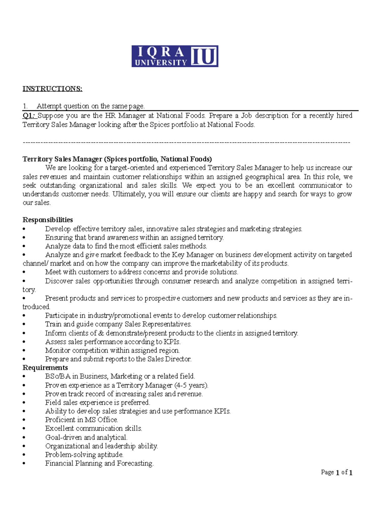 Job description - assignment - INSTRUCTIONS: Attempt question on the ...