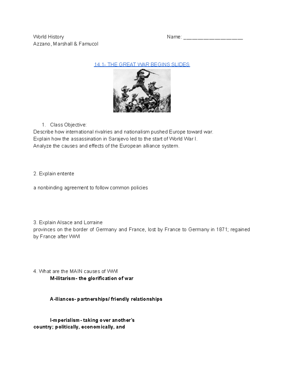 The Great War Begins Note Sheet - World History Name ...