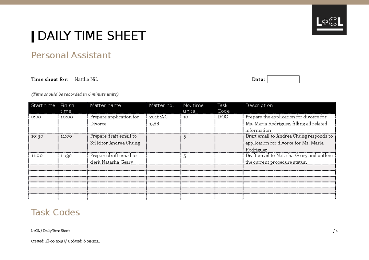 Event 2 Daily Time Sheet - DAILY TIME SHEET Personal Assistant Time ...