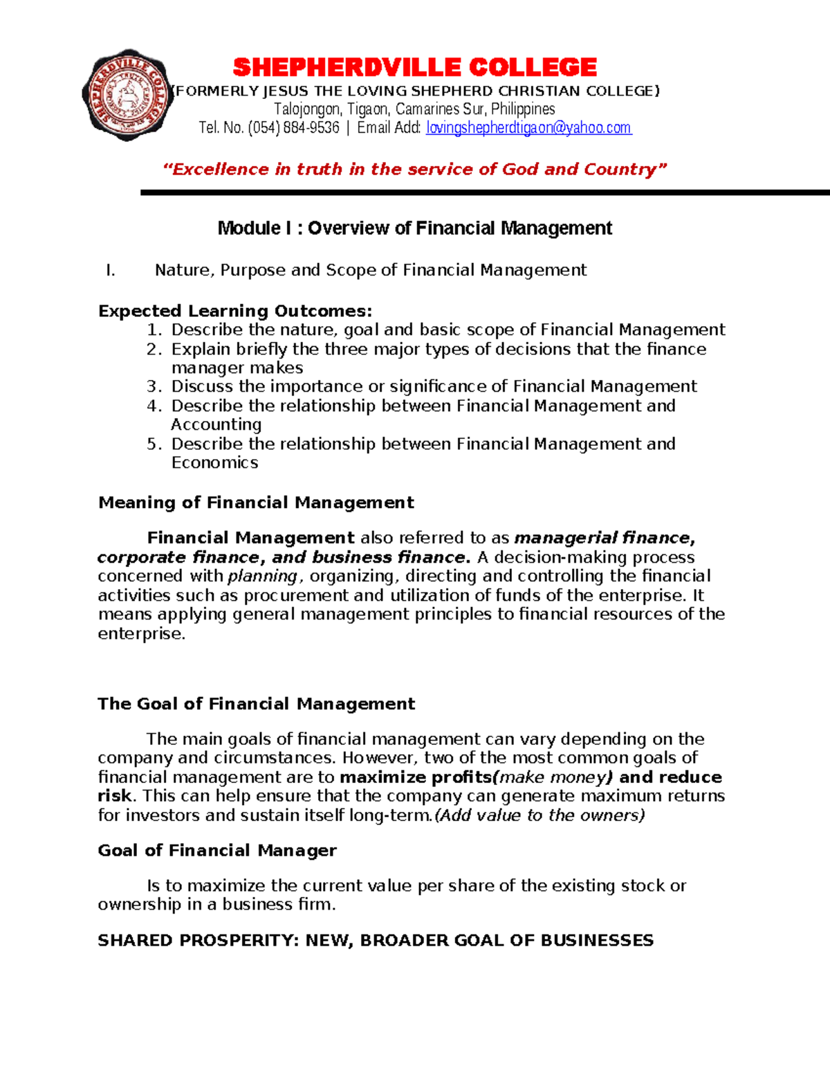 Module 1-Overview of Financial Management - (FORMERLY JESUS THE LOVING ...