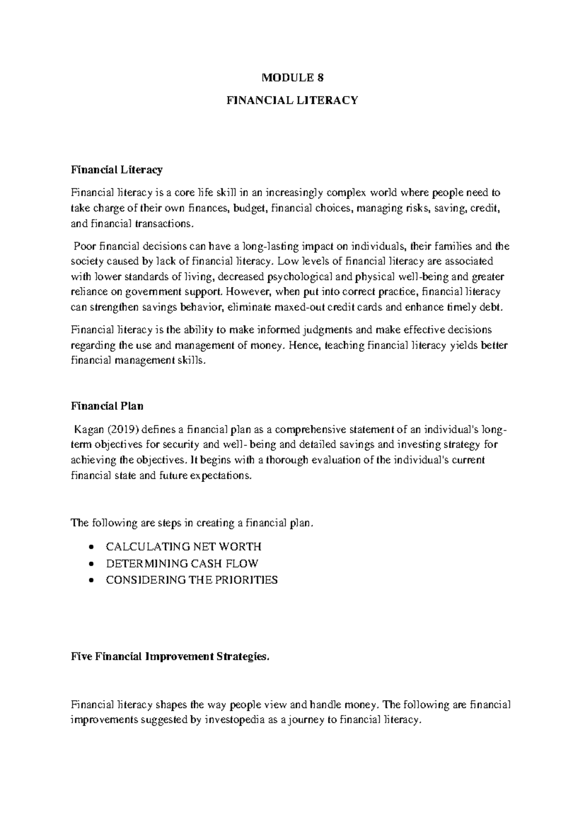 Financial-literacy-22 - MODULE 8 FINANCIAL LITERACY Financial Literacy ...