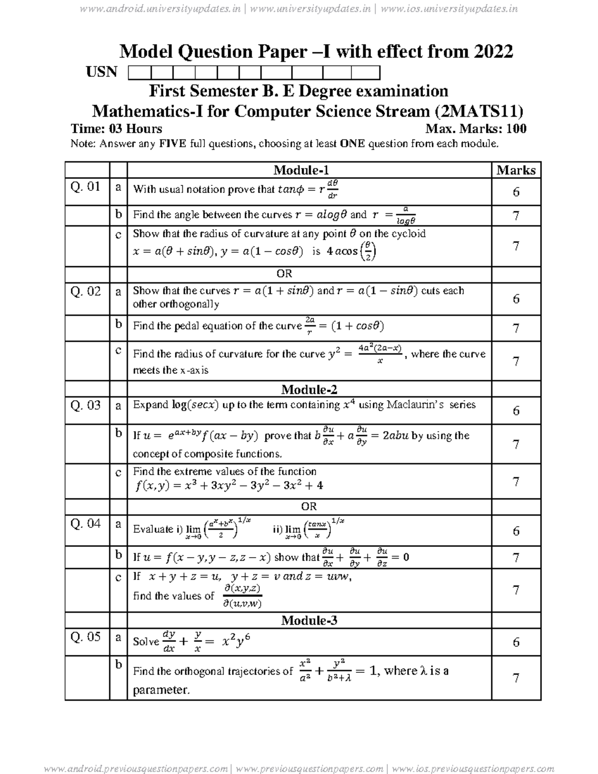 VTU MATHS QUESTION BANK FOR CSE STREAM - Model Question Paper – I with effect from 2022 USN ...