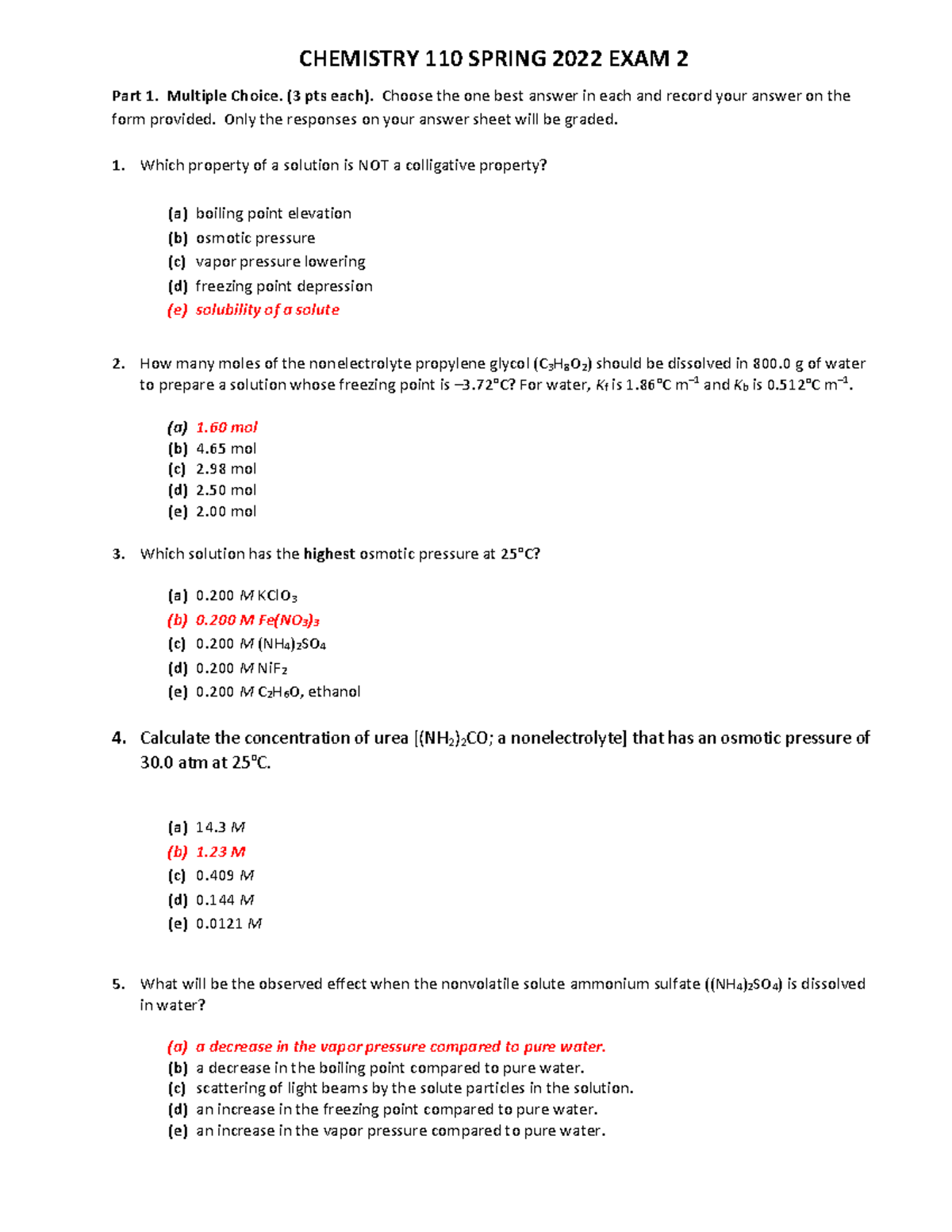 Exam2 110 Sp22 Key - Part 1. Multiple Choice. (3 pts each). Choose the one best answer in each ...