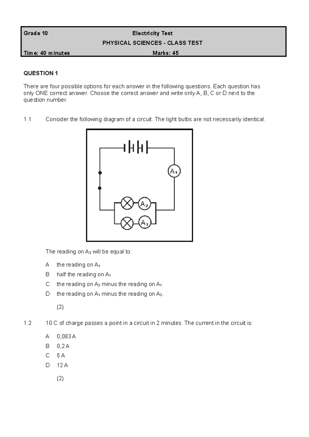 1 electricity test questions - Grade 10 Electricity Test PHYSICAL ...