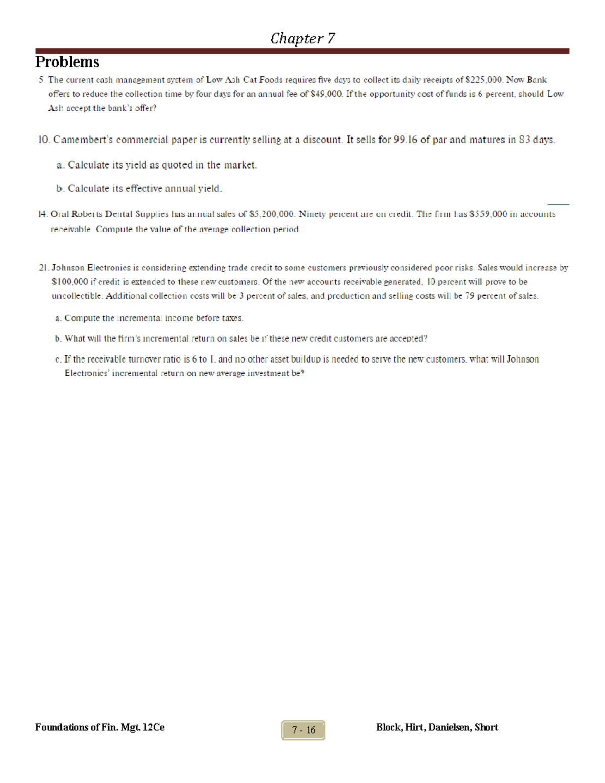 Chapter 7 Practice questions - MGMT8500 - Problems Foundations of Fin. Mgt. 12Ce Block, Hirt ...