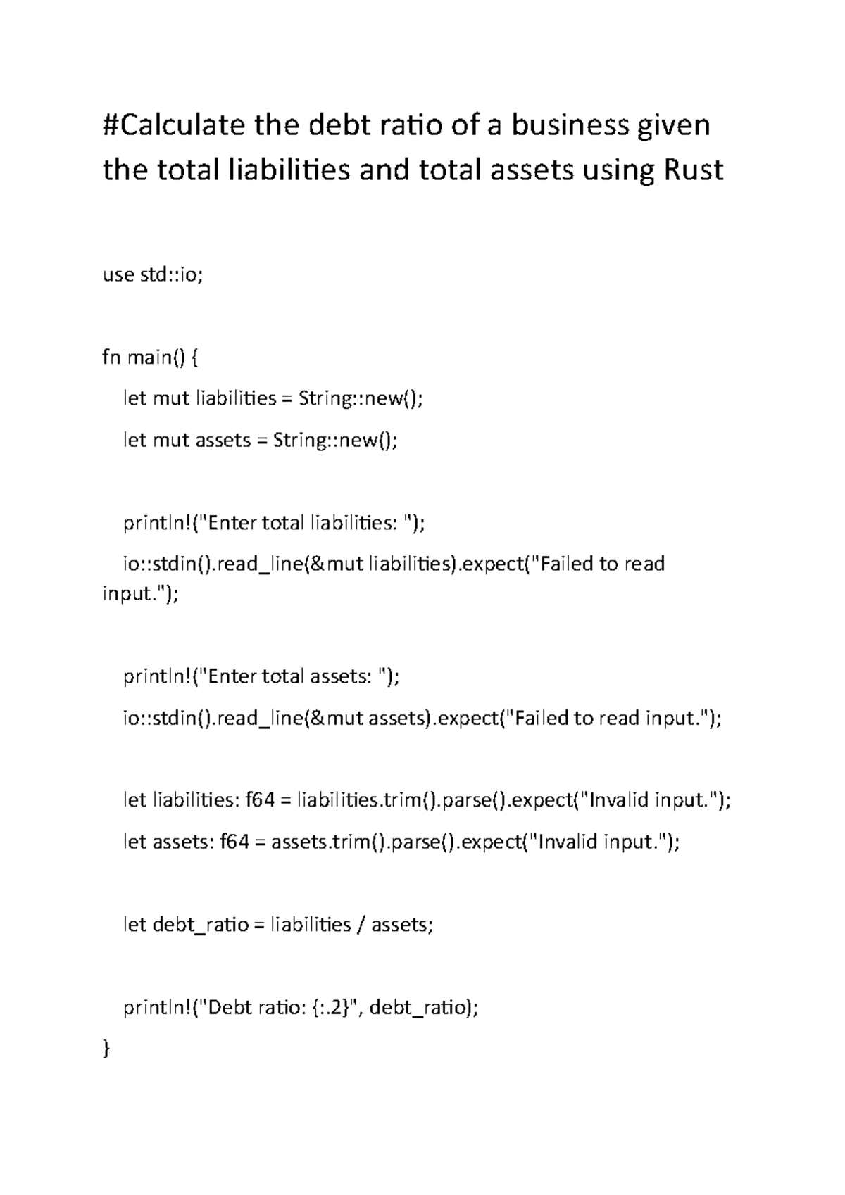 Total liabilities and total assets using Rust - read_line(&mut liabilities).expect("Failed - Studocu