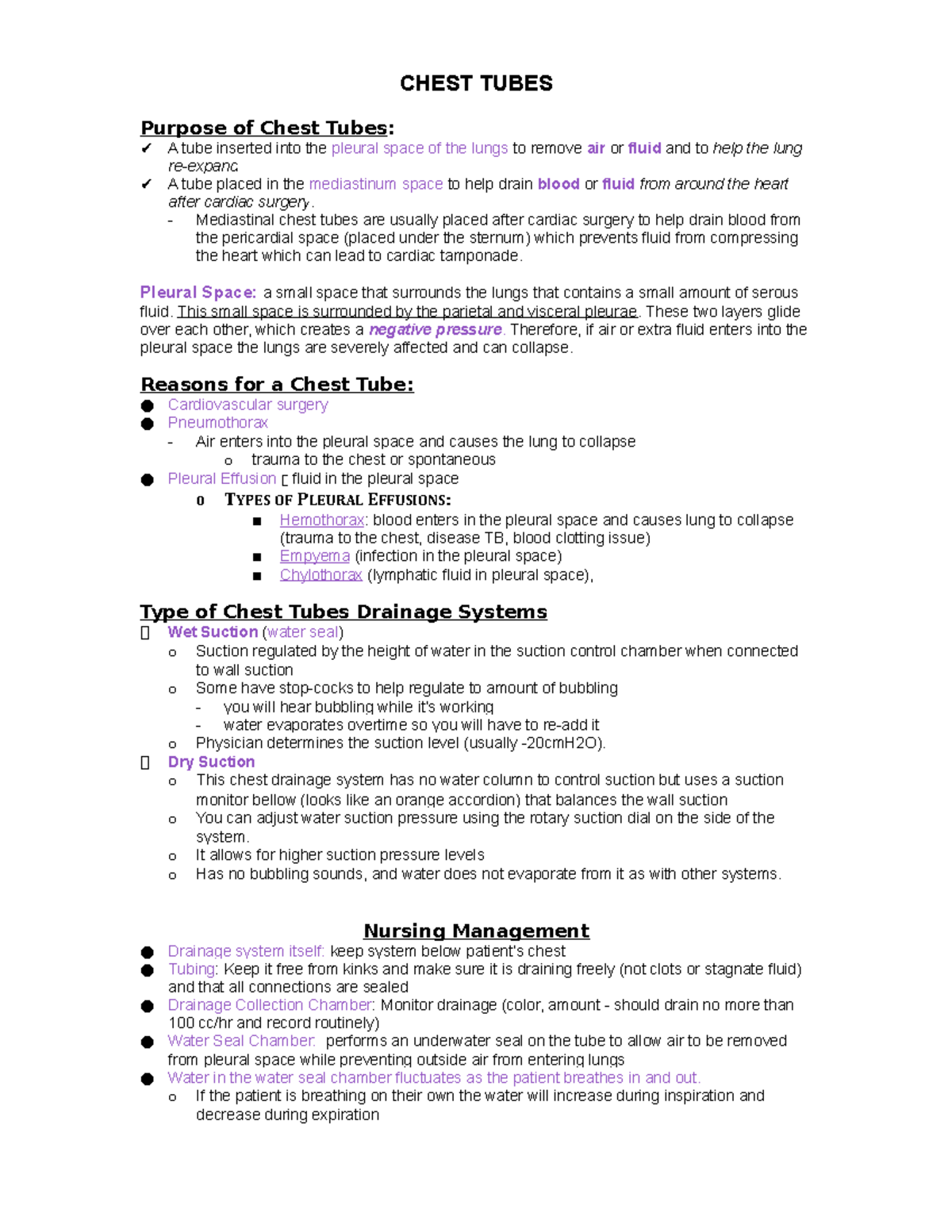 Chest Tubes - prof. lunny - CHEST TUBES Purpose of Chest Tubes: A tube ...