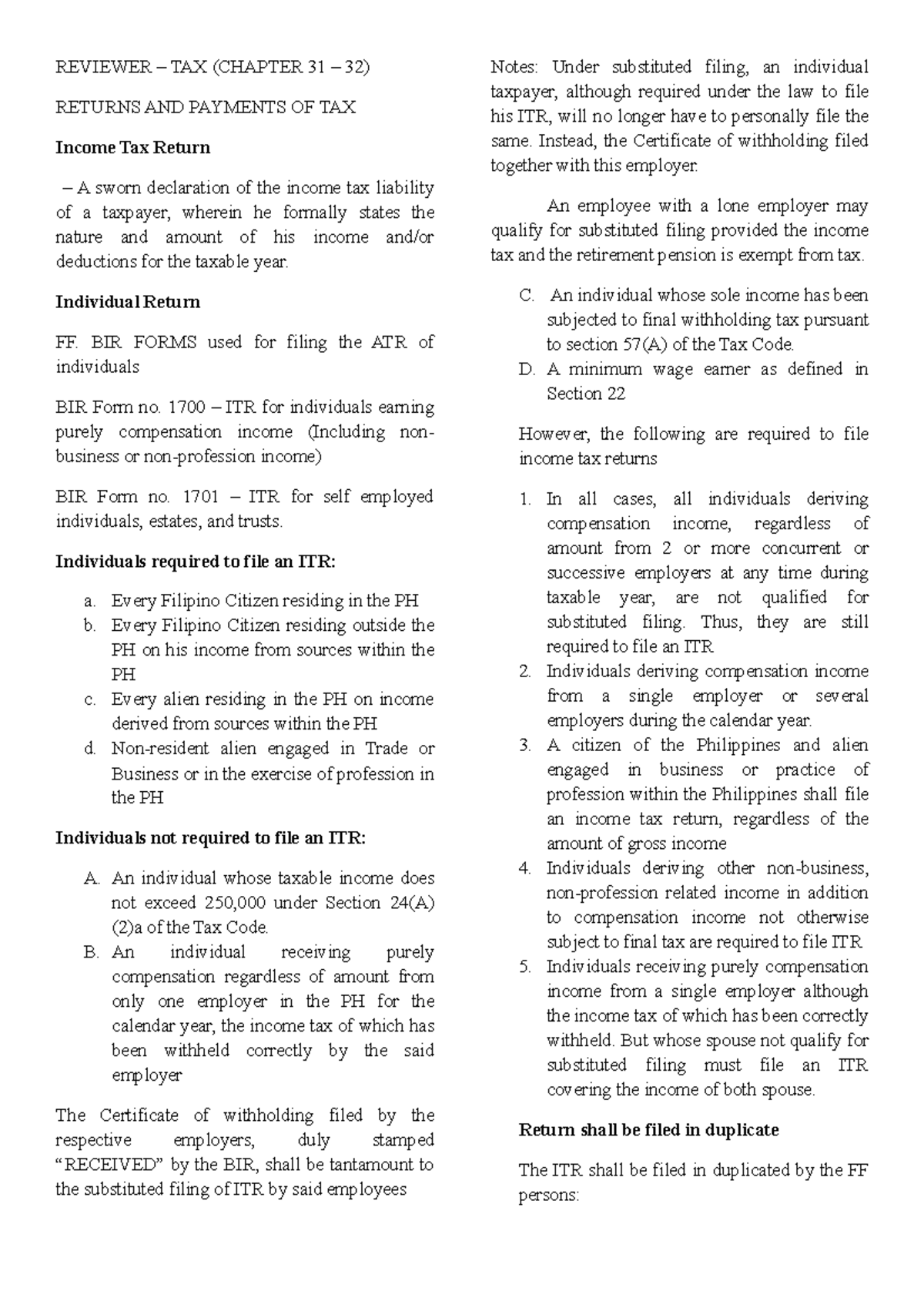 TAX Reviewer 31 32 - enjoy - REVIEWER – TAX (CHAPTER 31 – 32) RETURNS ...