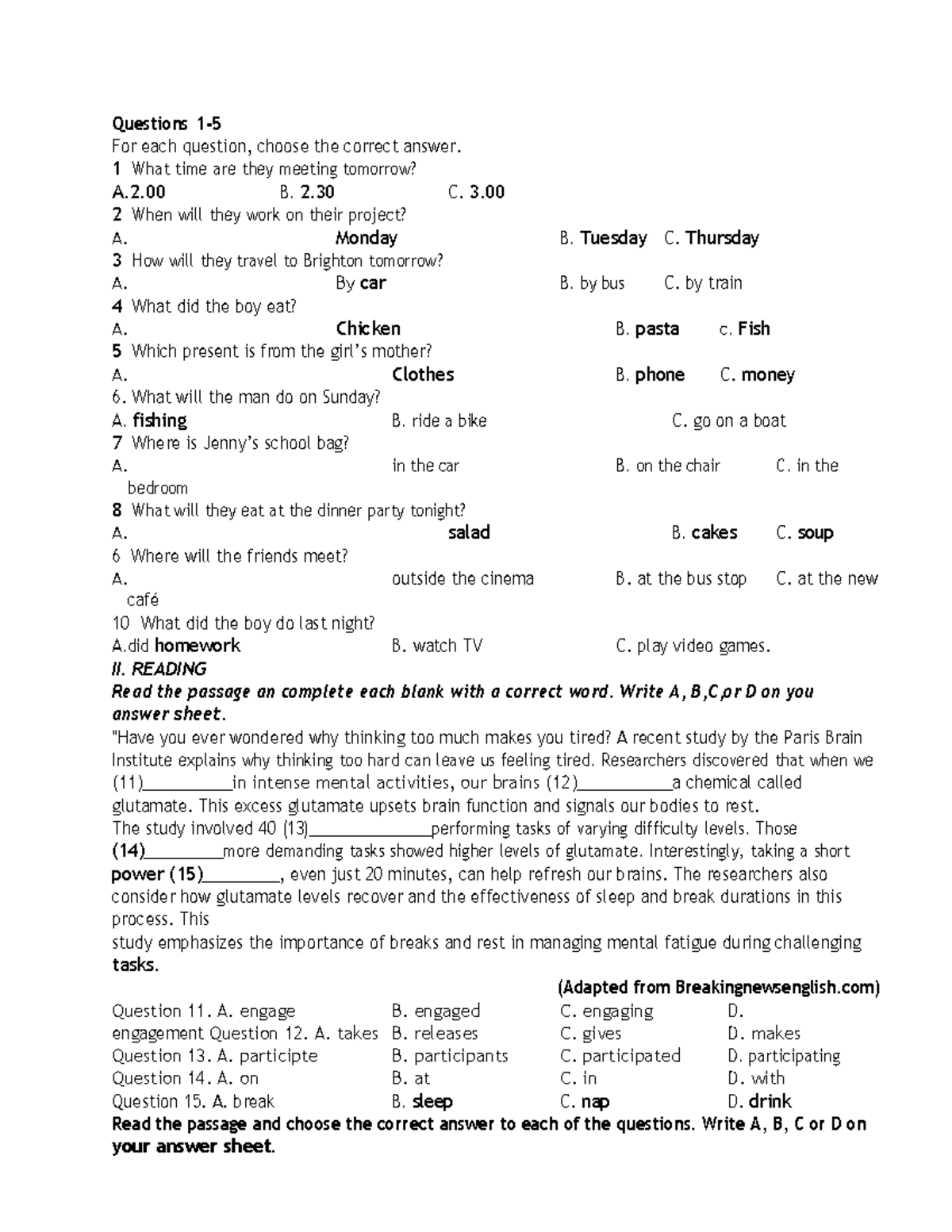 Practice TEST Grade 9 - Questions 1- 5 For each question, choose the ...