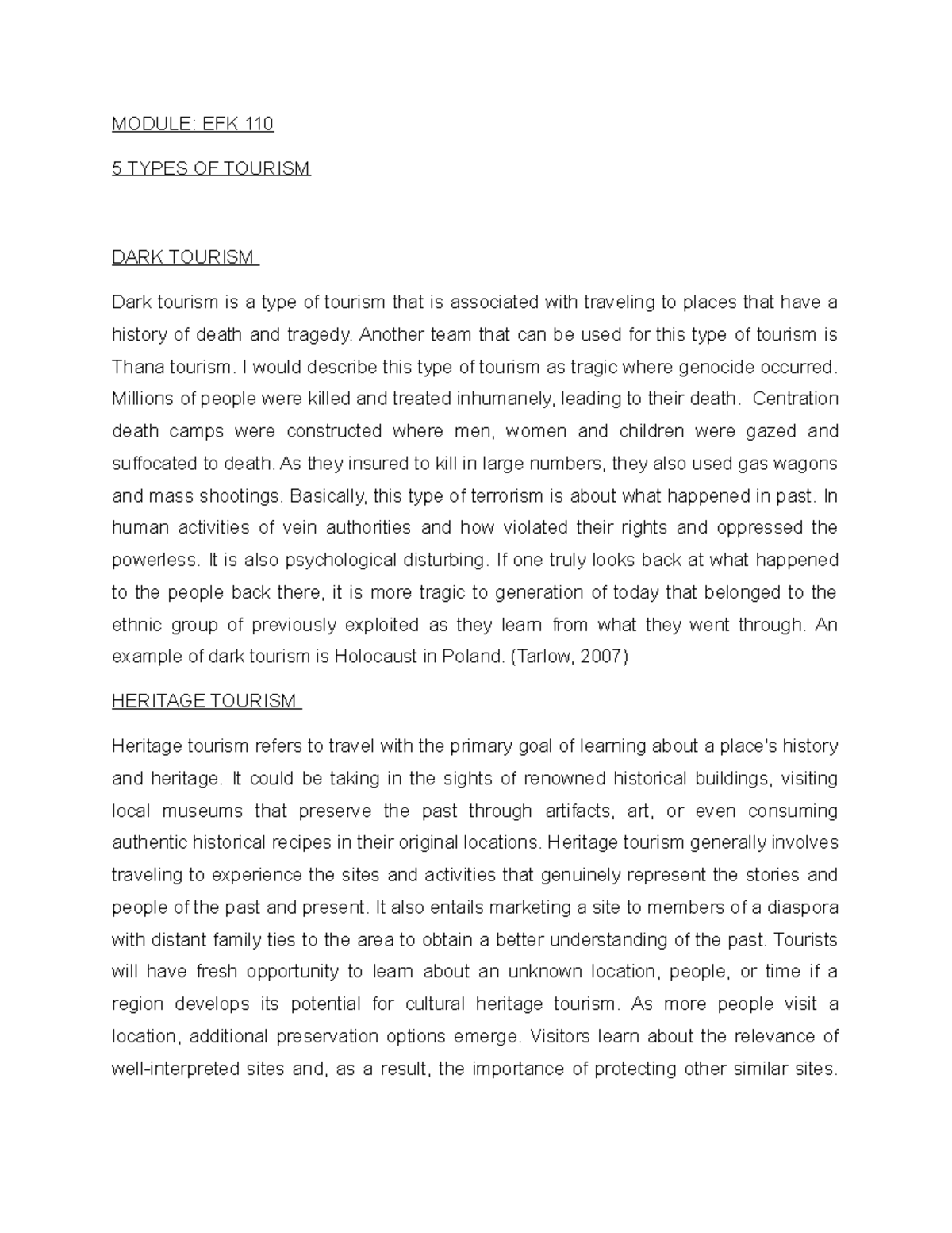 EFK 110 5 Types OF Tourim s - MODULE: EFK 110 5 TYPES OF TOURISM DARK ...