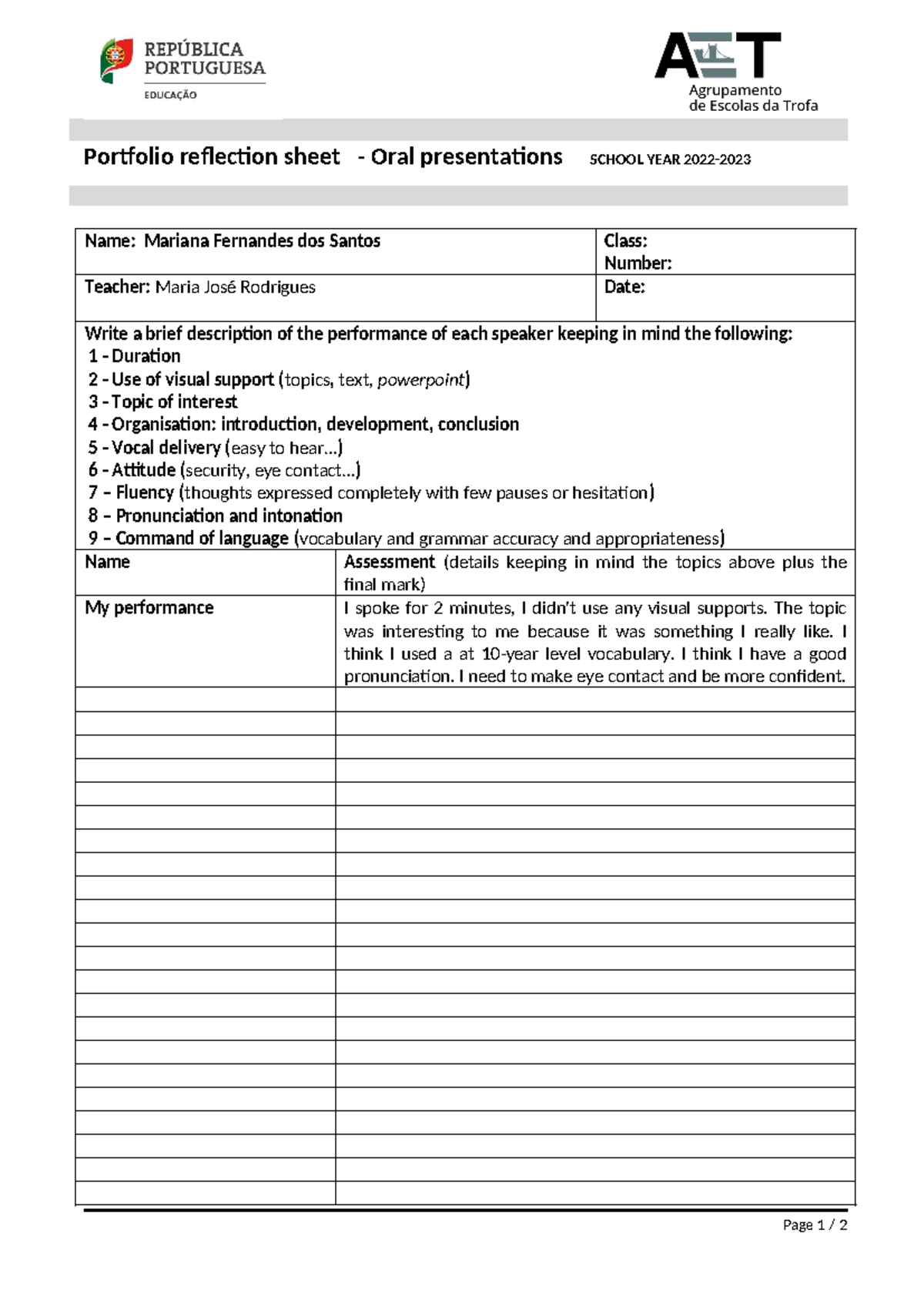 PRS - Oral Presentations - Portfolio reflection sheet - Oral ...