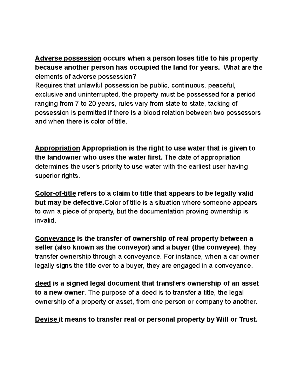 QUIZ 1 Real Estate - assignments semester - Adverse possession occurs ...