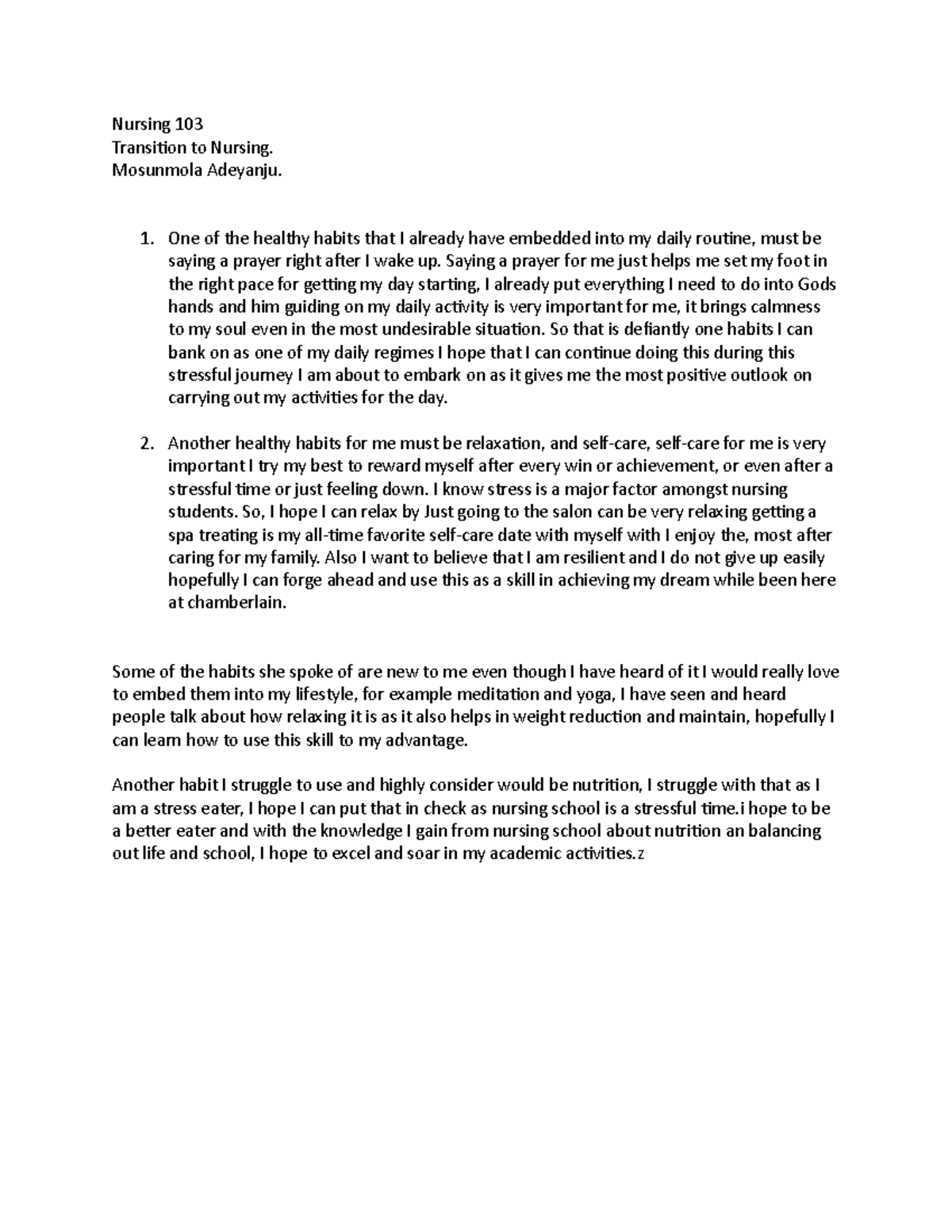 Nursing 103 - nr io3 - Nursing 103 Transition to Nursing. Mosunmola ...