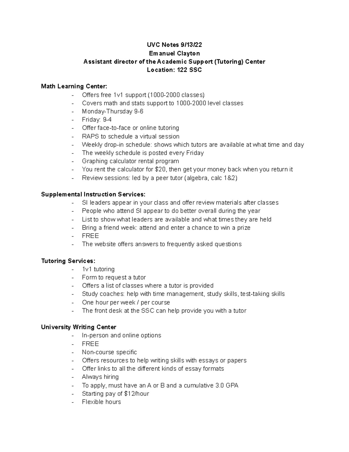 UVC notes 9 13 22 - UVC Notes 9/13/ Emanuel Clayton Assistant director ...