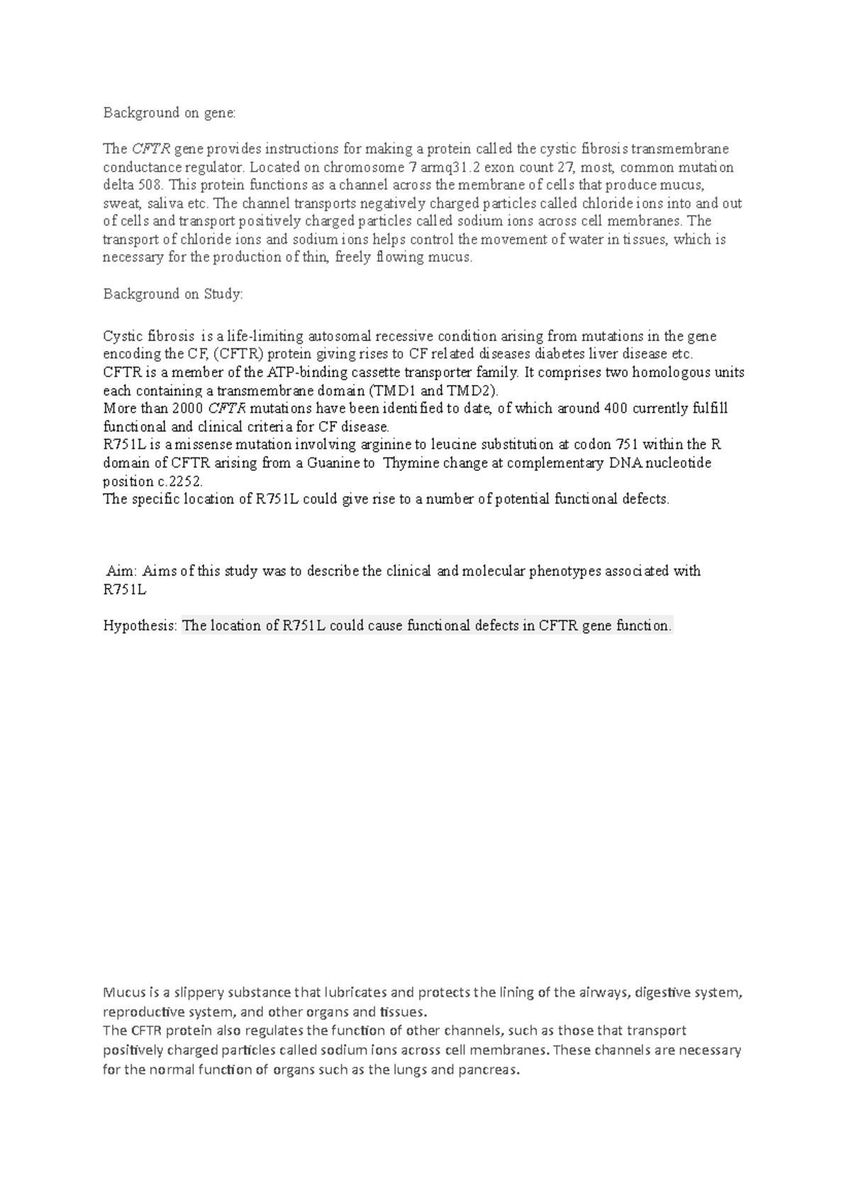 Background on gene - CFTR gene assignment - Background on gene: The ...