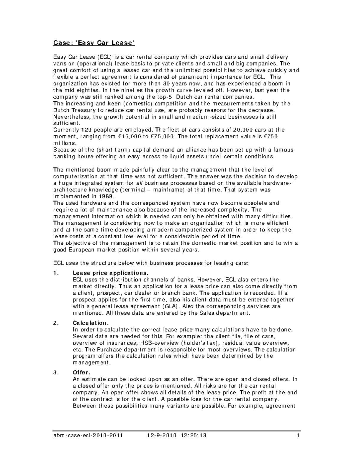 Abm case ecl 2010 2011 - Case: ‘Easy Car Lease’ Easy Car Lease ( ECL ...