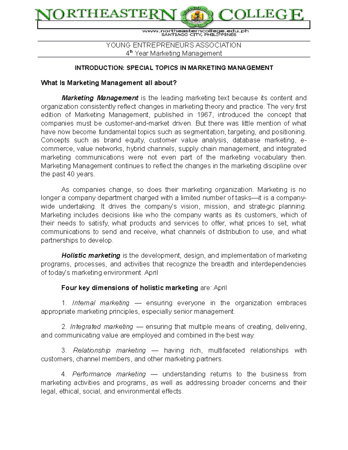 Introduction in Special Marketing Management - YOUNG ENTREPRENEURS ...