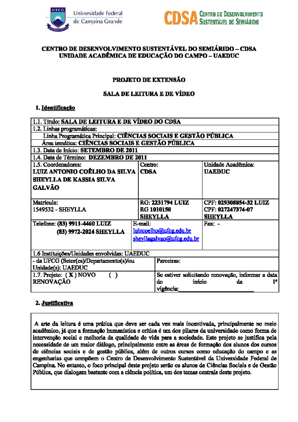 Projeto de extensão - PEI - UFCG Universidade Federal de Campina Grande ...