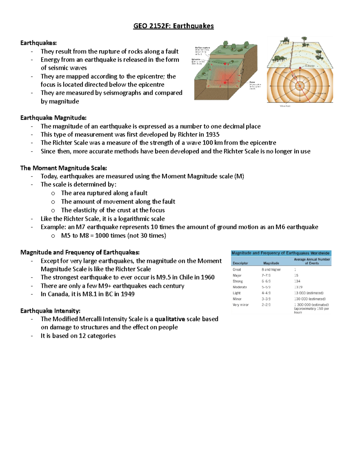 2152 Lecture 6 Notes - GEO 2152F: Earthquakes Earthquakes: - They ...