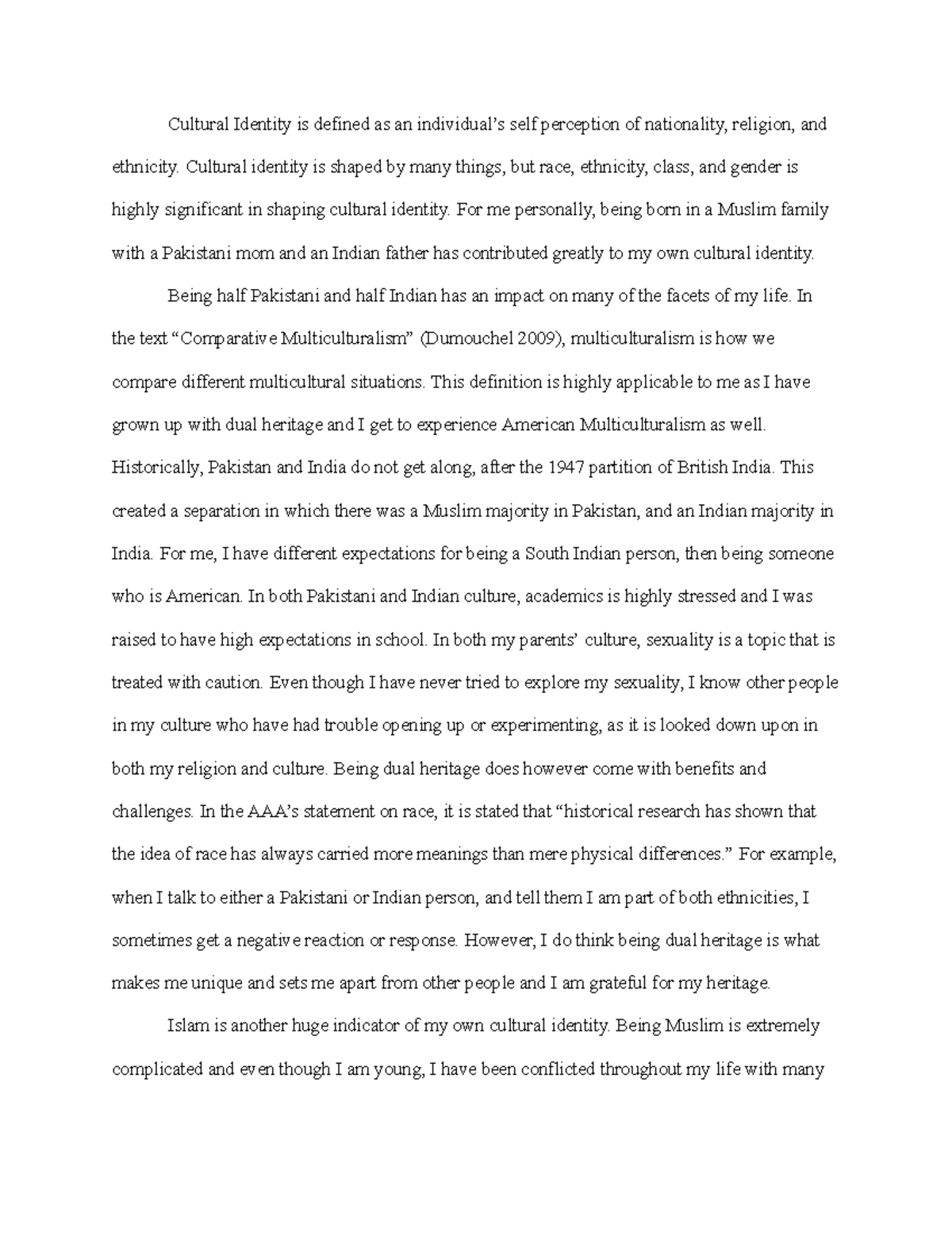 ANTH Reflective Essay - Cultural Identity is defined as an individual’s ...