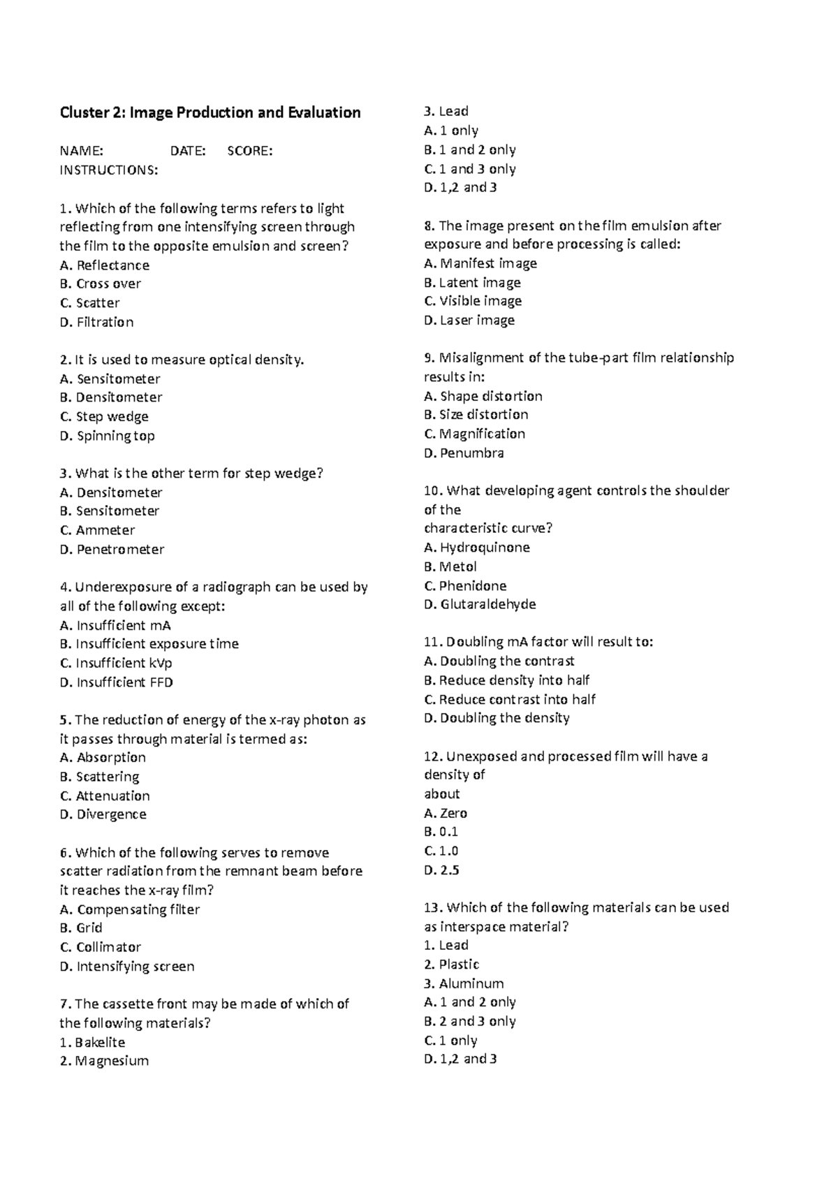 Exam cluster 2 - none - Cluster 2: Image Production and Evaluation NAME ...