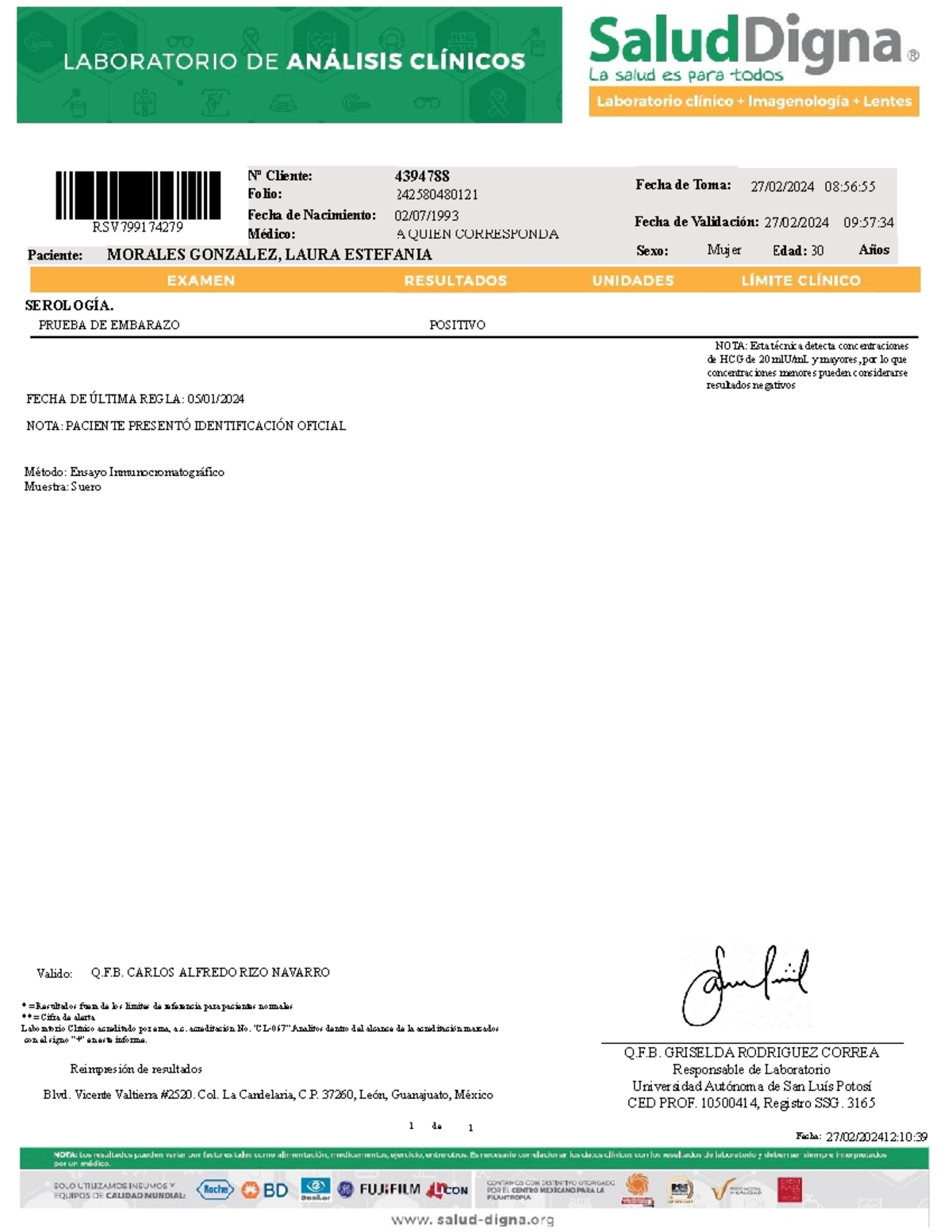 Visualizar Pdf - Figura ejemplo de Resultados de prueba de embarazo - 242580480121 Nº Cliente ...