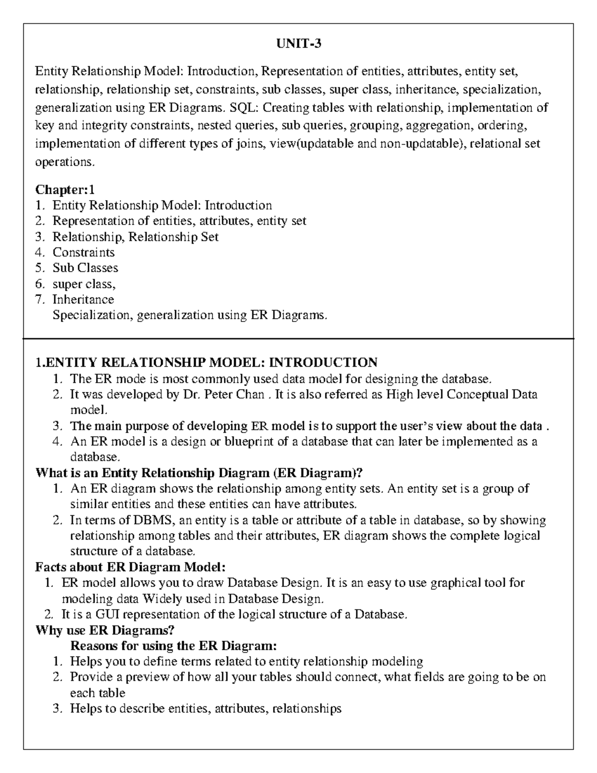 DBMS UNIT-3 - dbms - UNIT- Entity Relationship Model: Introduction, Representation of entities ...