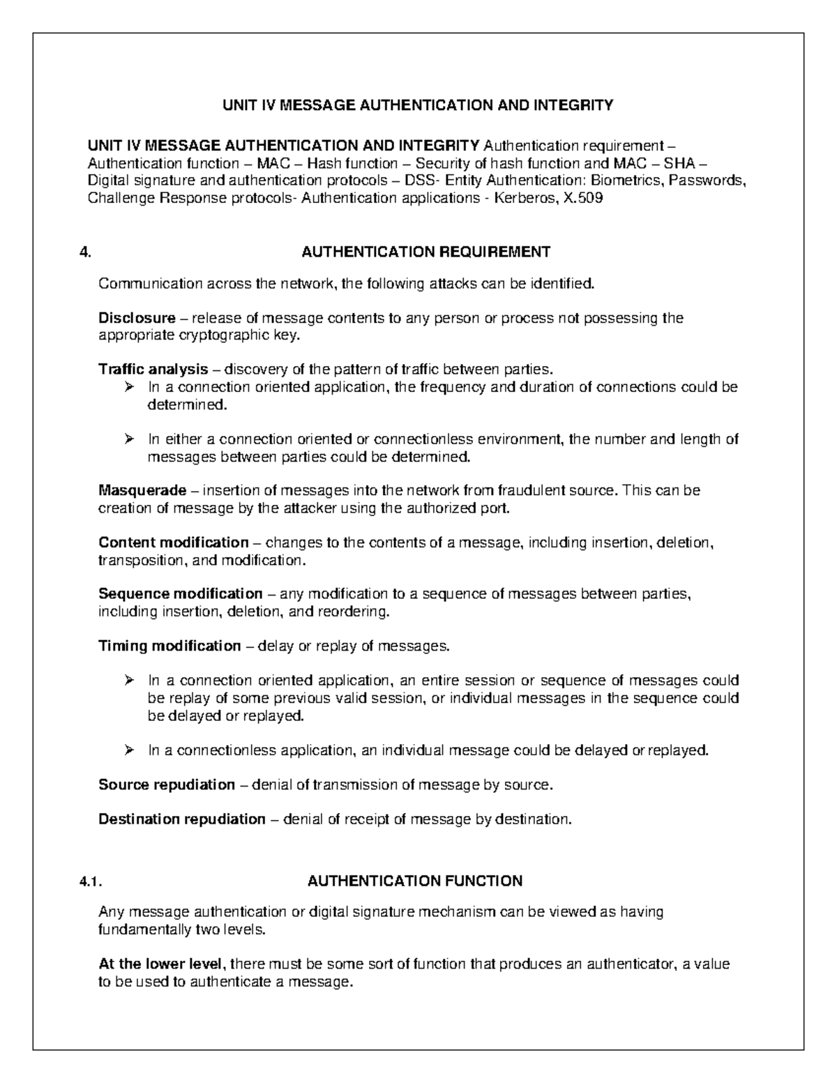 Unit4 CNS - UNIT IV MESSAGE AUTHENTICATION AND INTEGRITY UNIT IV MESSAGE AUTHENTICATION AND ...